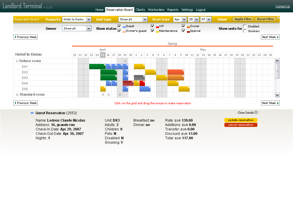 Features of web-based property management system: reservation board ...